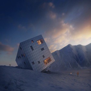 Cube-shaped hut rests on its vertices on top of a snowy mountain in ...