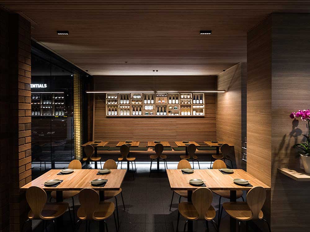 Feature ceiling with timber look battens transforms Japanese restaurant ...
