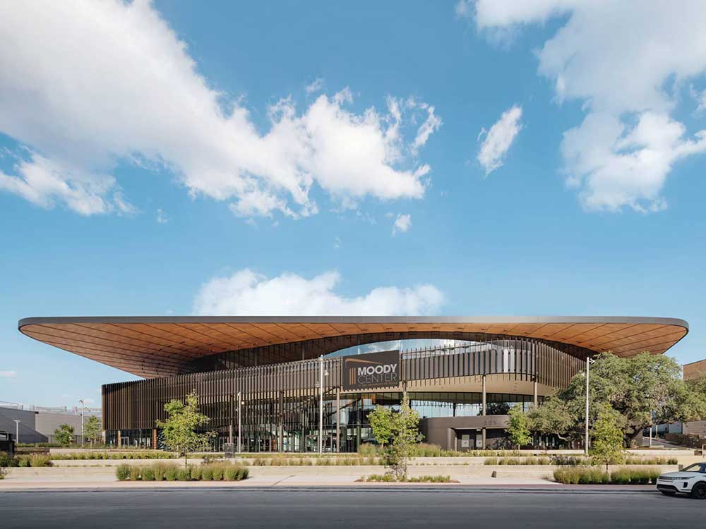 Prodema panels line expansive soffit at The Moody Center | Architecture ...