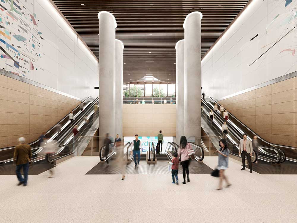 Metal ceilings at landmark Pitt Street Metro Station | Architecture ...