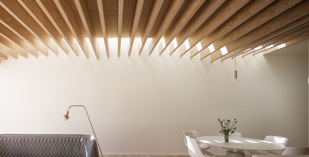 Undulating LVL rafters diffuse natural light, delineate living space ...