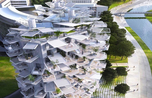 Large exposed balconies protrude from tree-like tower designed by Sou ...